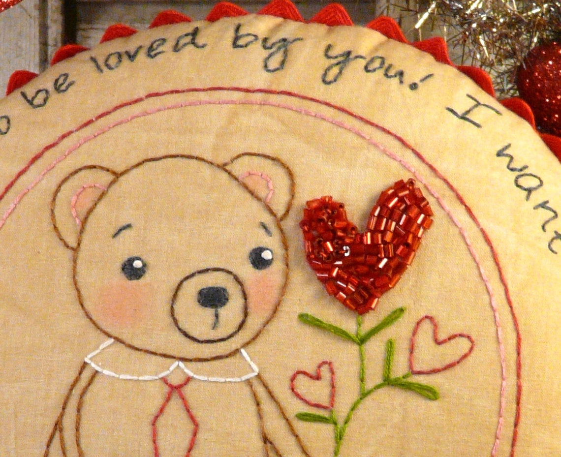 Valentine Teddy Bear Embroidery Pattern PDF - Stitchery Pillow LOVE Red ...