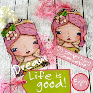 Life is Good Tags PDF Collage Art Sheet - Pink Girl Acrylic Painting ...