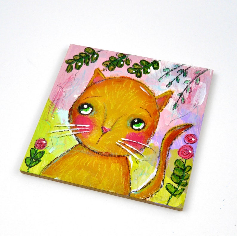 Wistful Kitty Cat Original Painting Yellow Tabby Flowers | Etsy