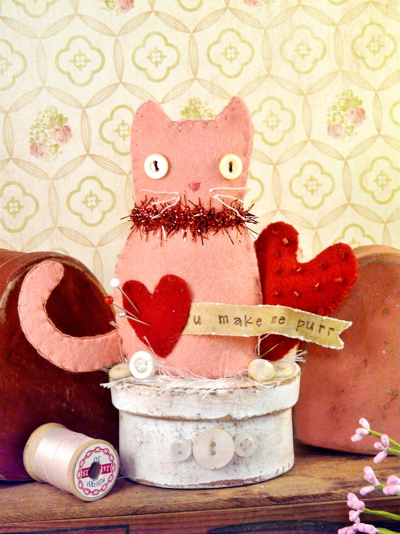 Valentine Kitty Cat Make Do Pattern PDF - Wool Felt Pincushion Pin Keep ...