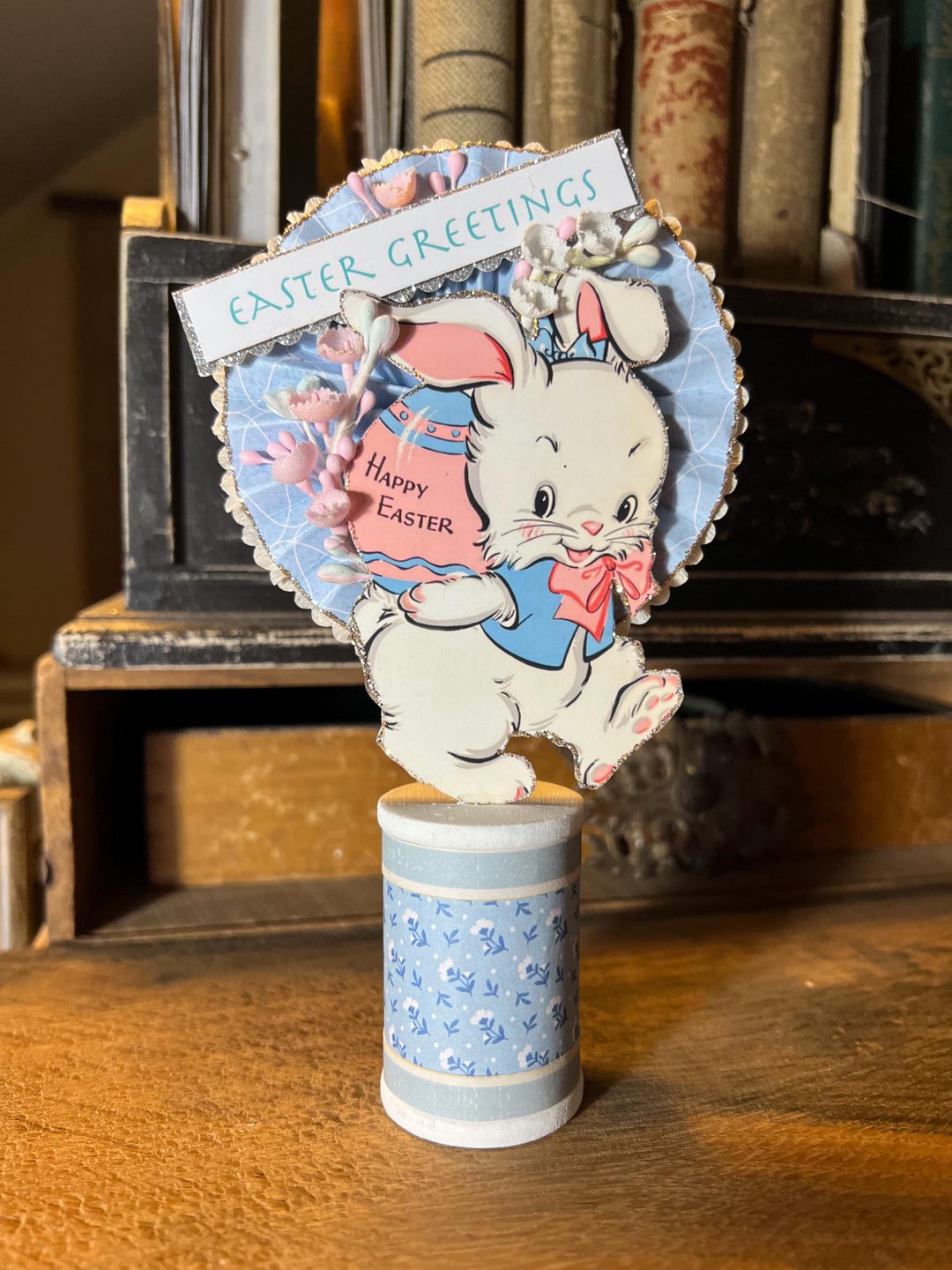 Vintage Handmade EASTER Rabbit on Spool Decoration, Easter Art, Spring ...
