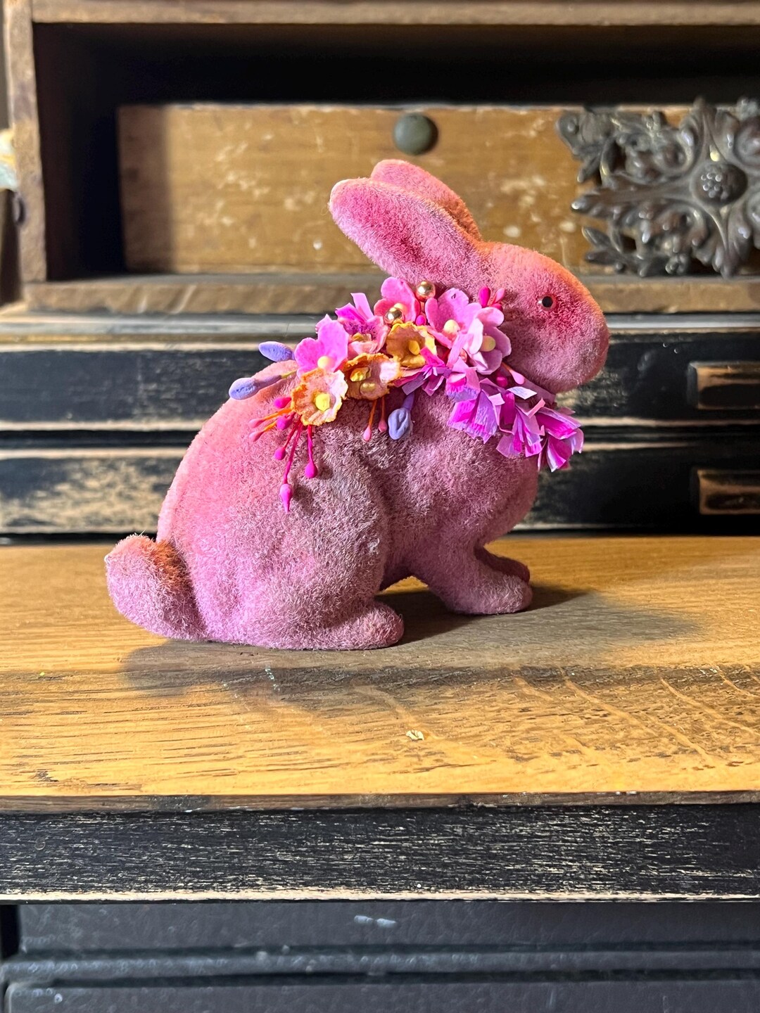 Vintage HANDMADE Flocked Easter Bunny Rabbit With Flowers Decoration ...
