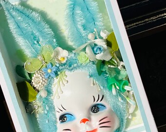 Vintage Handmade Chenille Bunny Rabbit Shadowbox, Anthropomorphic ...