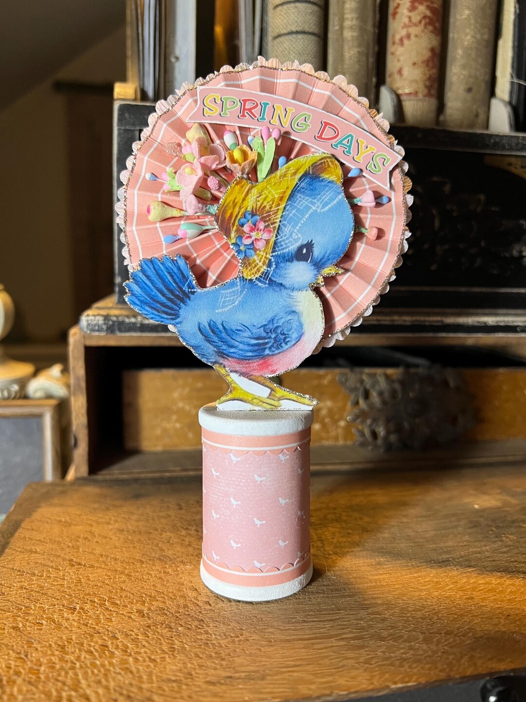 Vintage Handmade EASTER Robin on Spool Decoration, Easter Art, Spring ...