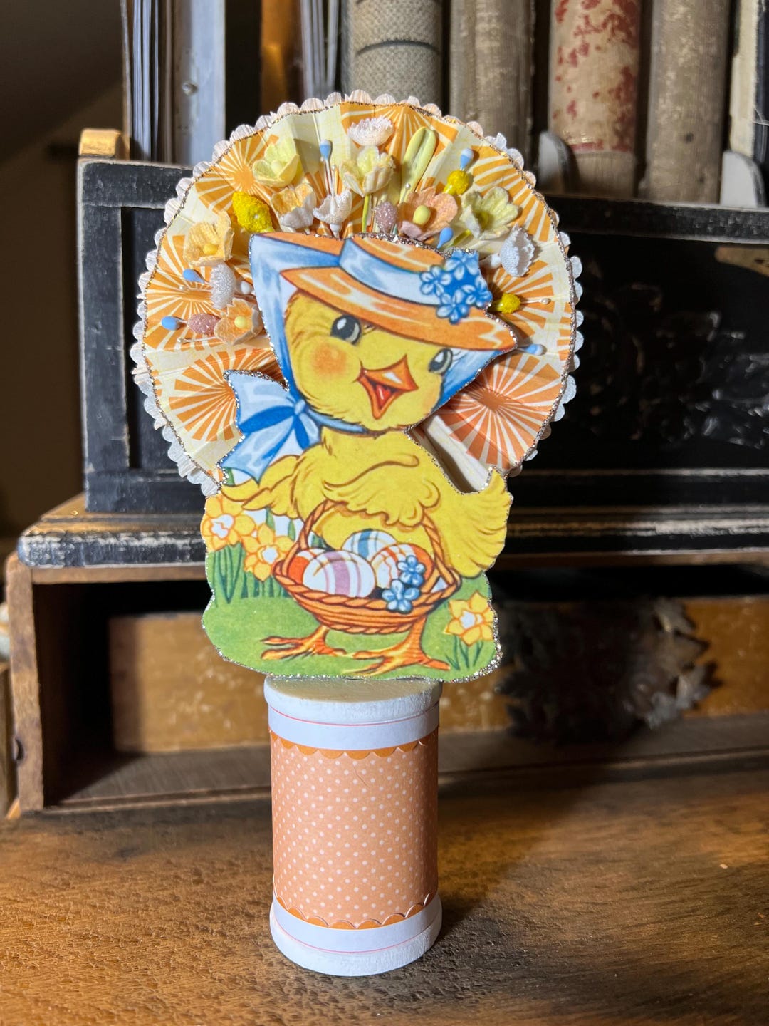 Vintage Handmade EASTER Chick on Spool Decoration, Easter Art, Spring ...