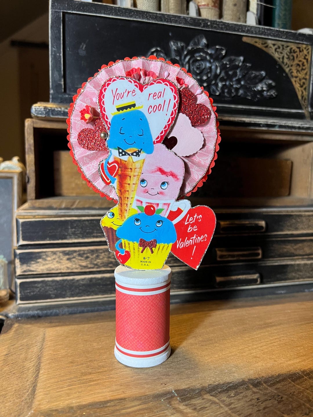 Handmade Valentine Decoration, Vintage Valentine's, Ice Cream Spool ...