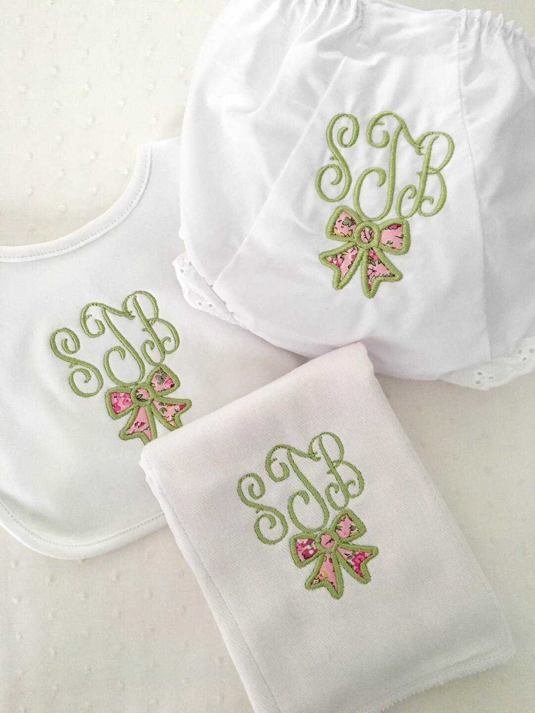 Monogrammed Appliqué Bow Burp Cloth or Bib or Bloomer Embroidered ...