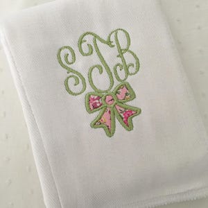 Monogrammed Appliqué Bow Burp Cloth or Bib or Bloomer Embroidered ...