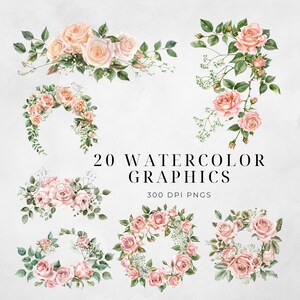 Blush Pink Roses PNG, Watercolor Pink Flower Clipart, Digital File ...