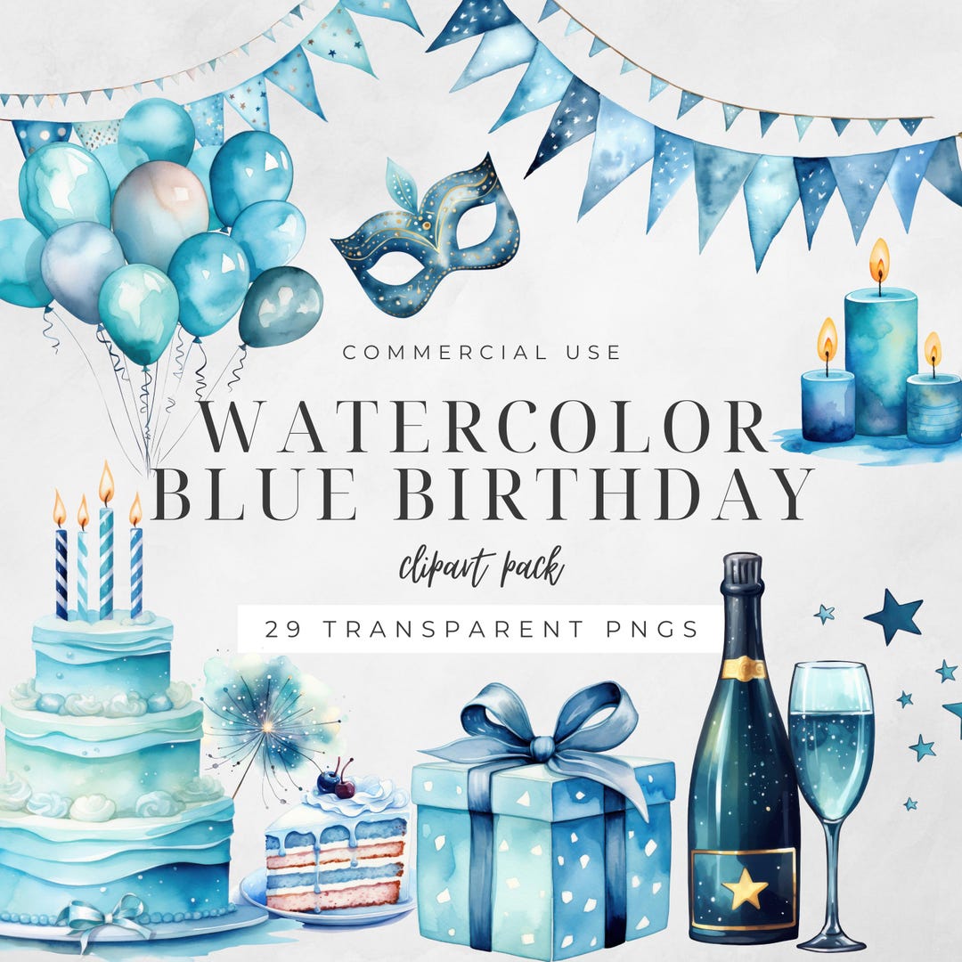 Watercolor Blue Birthday Clipart, Boys Party Images, Bunting, Gift ...