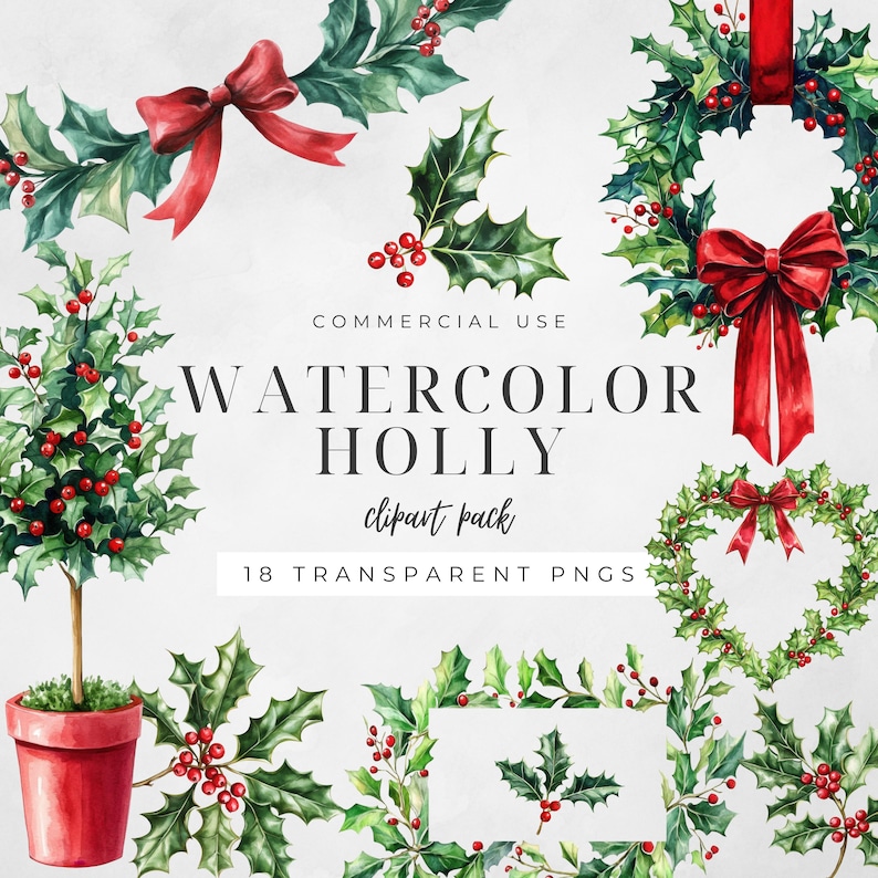 Watercolor Holly Clipart, Christmas Wreath, Botanical Pngs, Garland ...