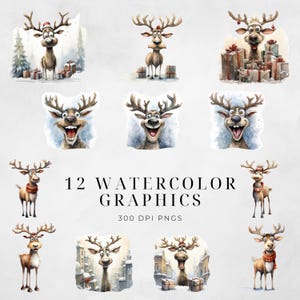 Quirky Reindeer Clipart, Funny Christmas Pngs, Watercolor Winter Image ...