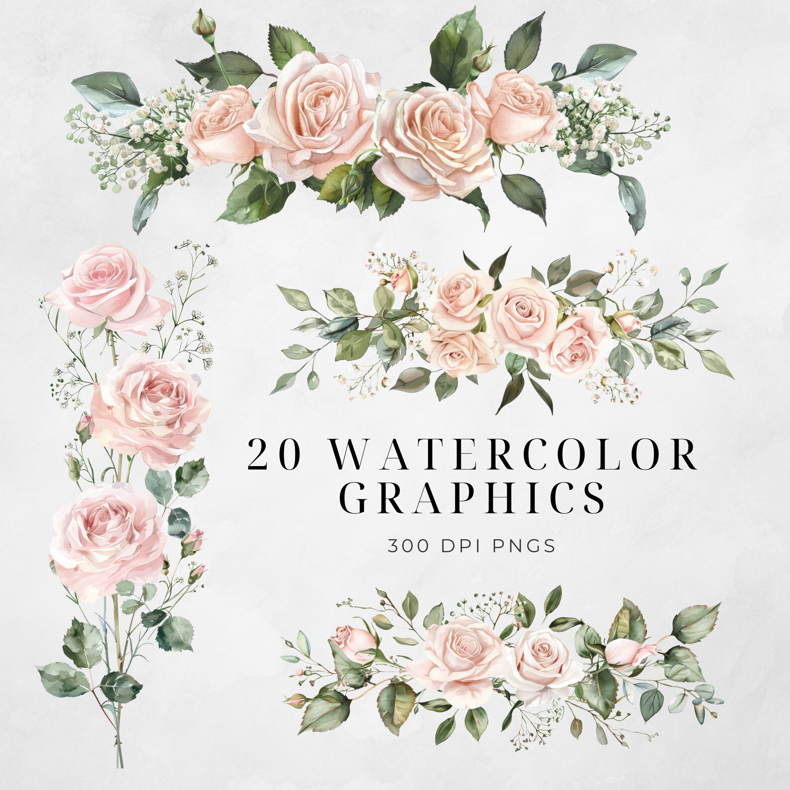 Blush Pink Roses PNG, Watercolor Pink Flower Clipart, Digital File, Pink Rose Floral Bouquet ...