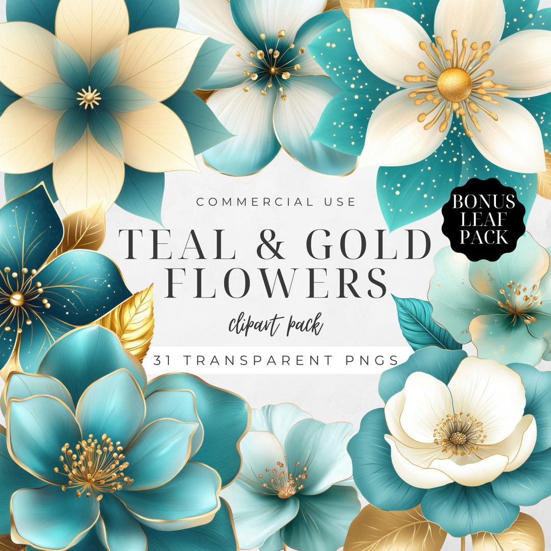 Teal Gold Flower Clipart, Watercolor Floral Clip Art, Blue Green ...