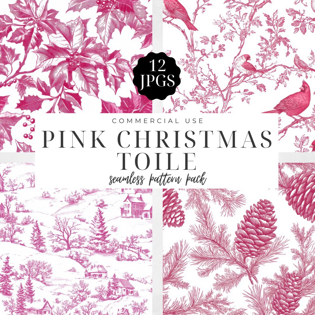 Pink Christmas Toile Digital Paper, Holiday Chinoiserie Seamless ...