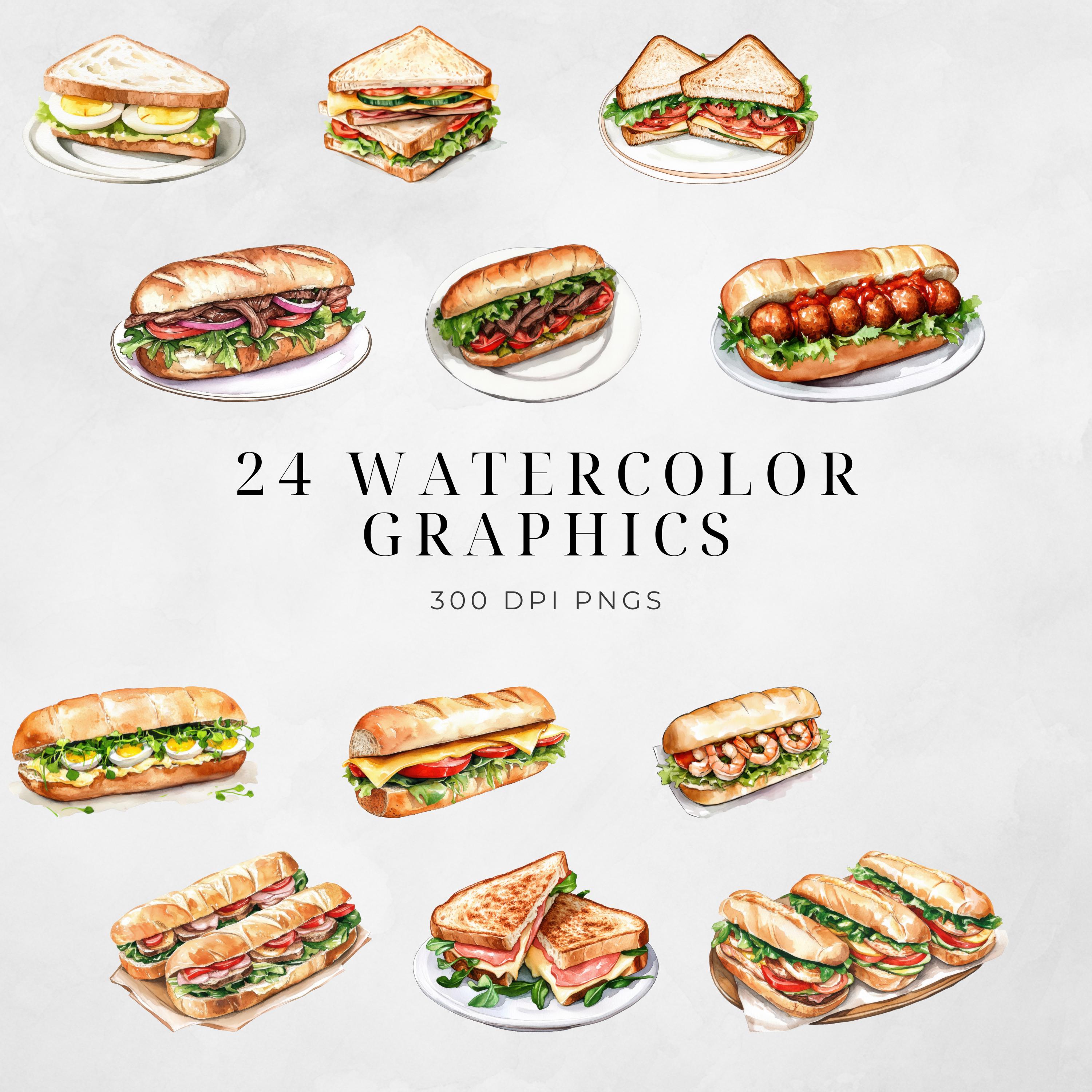 Watercolor Sandwich Clipart, Cafe Menu, Breakfast Clip Art, Coffee Shop ...