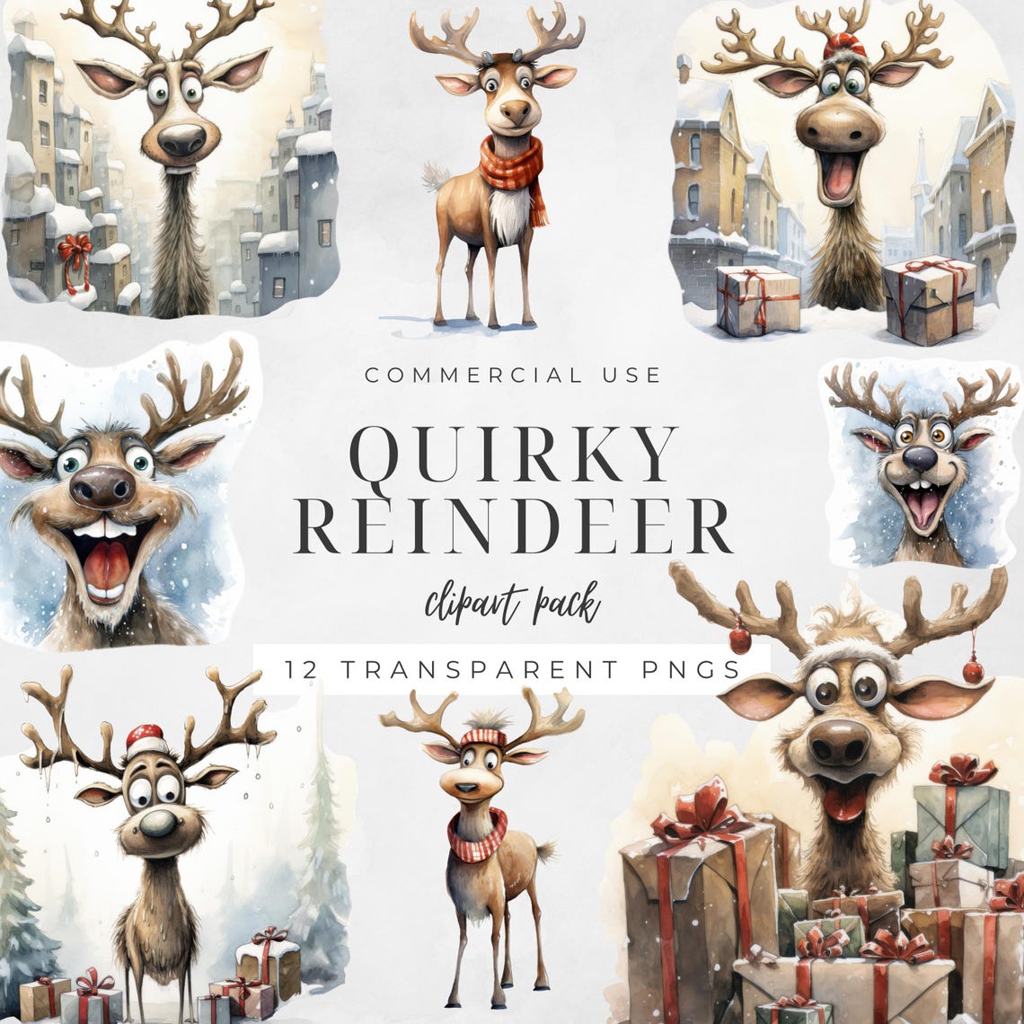 Quirky Reindeer Clipart, Funny Christmas Pngs, Watercolor Winter Image ...