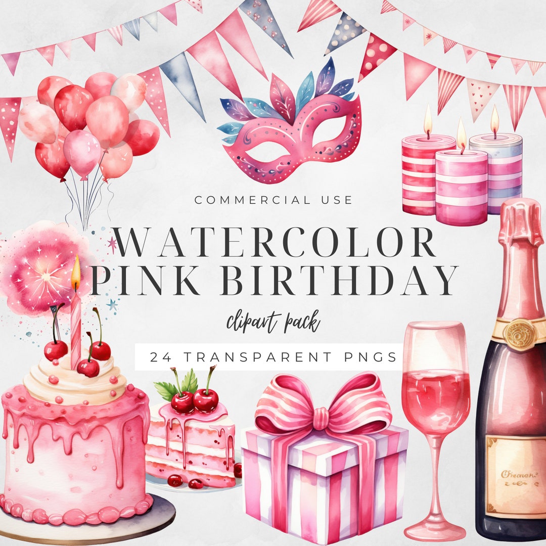 Watercolor Pink Birthday Clipart, Girly Party Images, Bunting, Gift ...