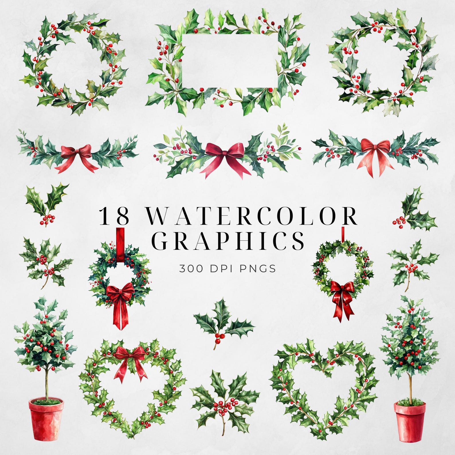 Watercolor Holly Clipart, Christmas Wreath, Botanical Pngs, Garland ...