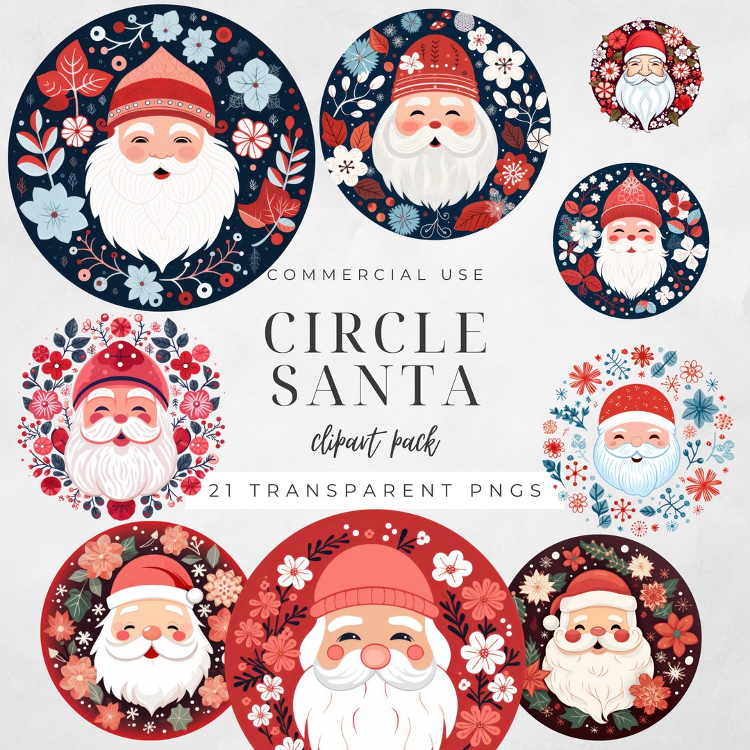 Circle Santa Clipart, Round Holiday Tags, Nordic Folk Art Coasters ...