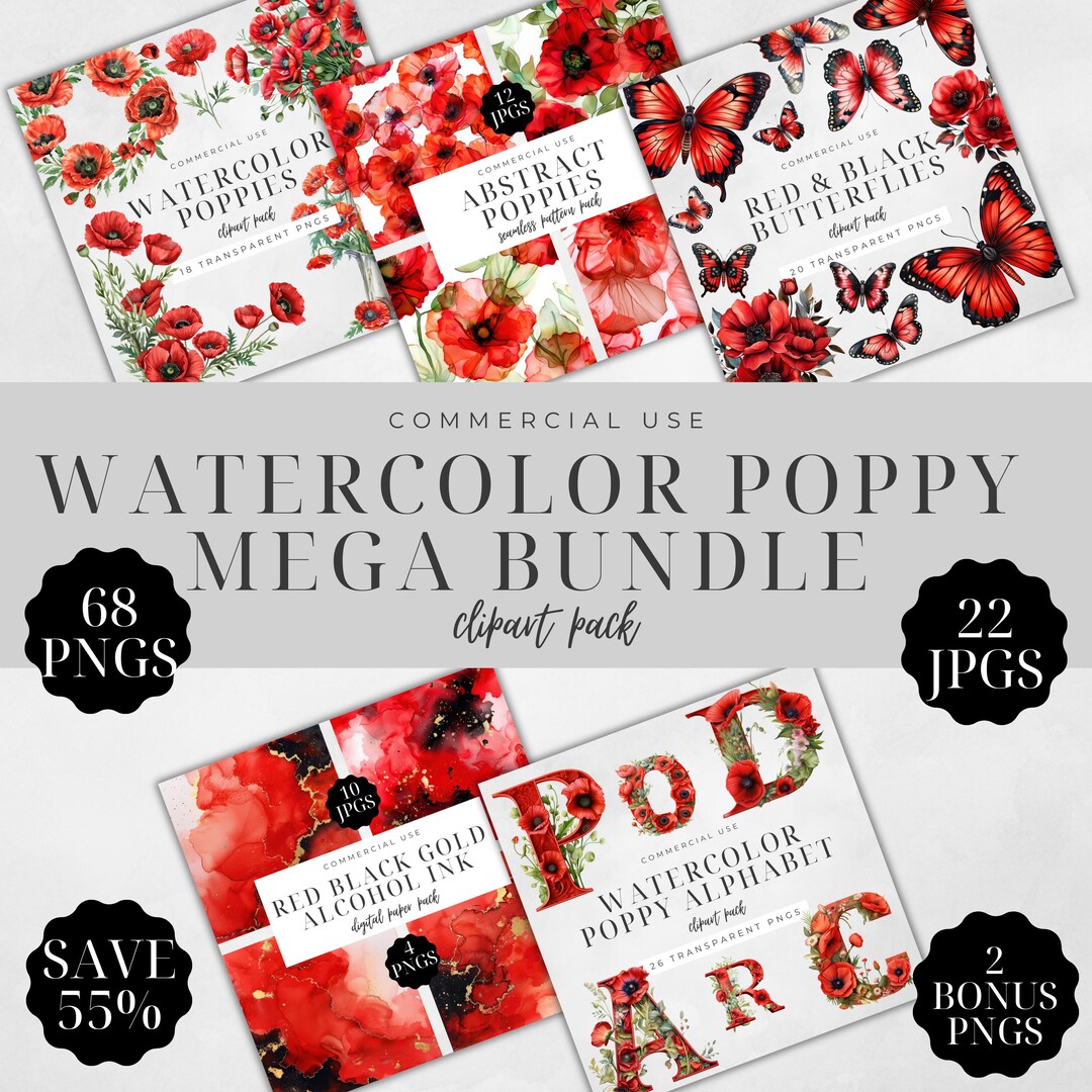 Watercolor Poppy Butterfly Clipart Mega Bundle, August Birth Month ...
