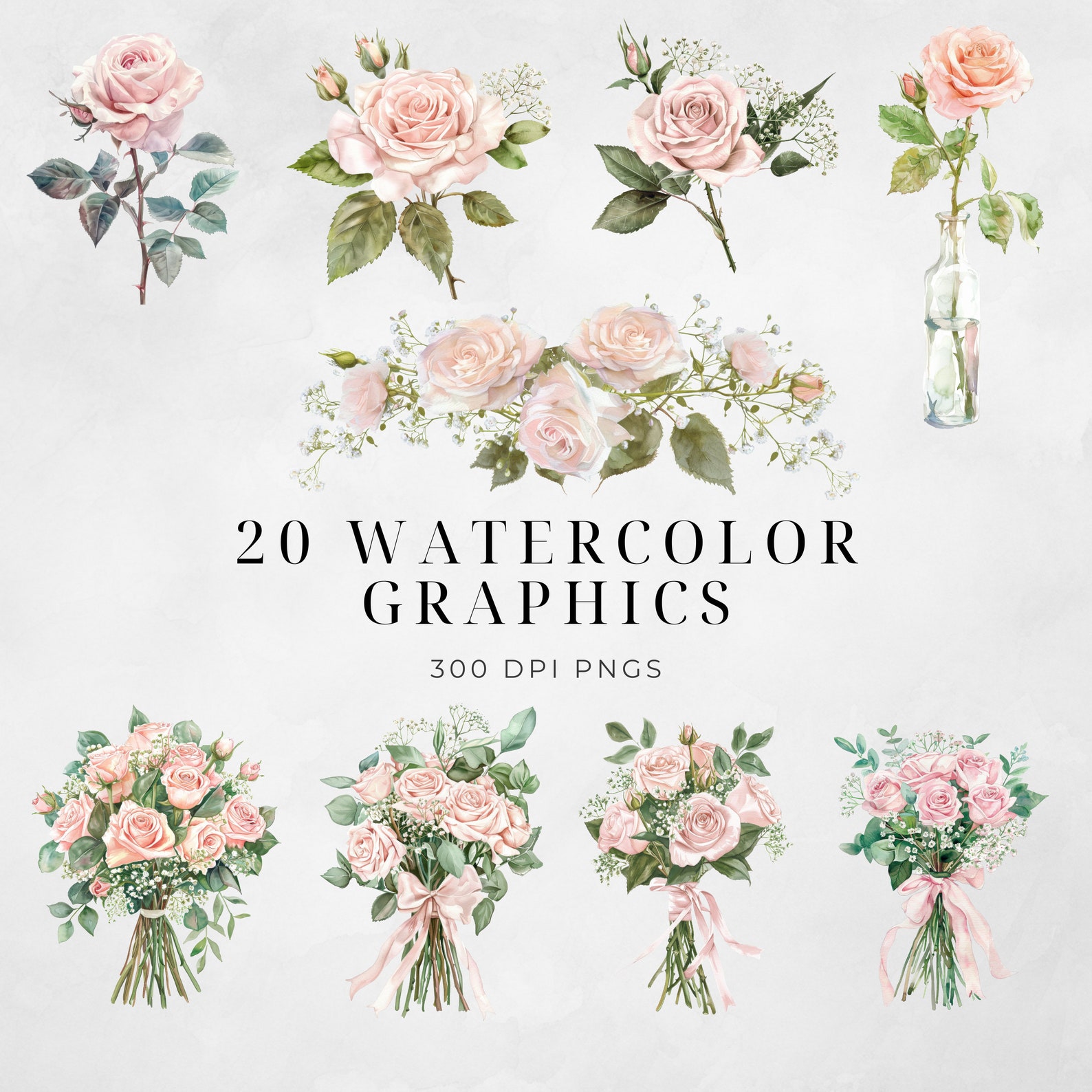 Blush Pink Roses PNG, Watercolor Pink Flower Clipart, Digital File, Pink Rose Floral Bouquet ...