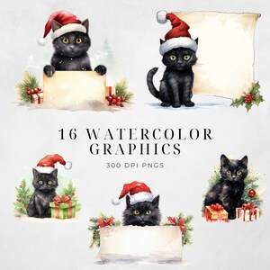 Christmas Kitten Clipart, Watercolor Xmas Images, Holiday Clip Art ...