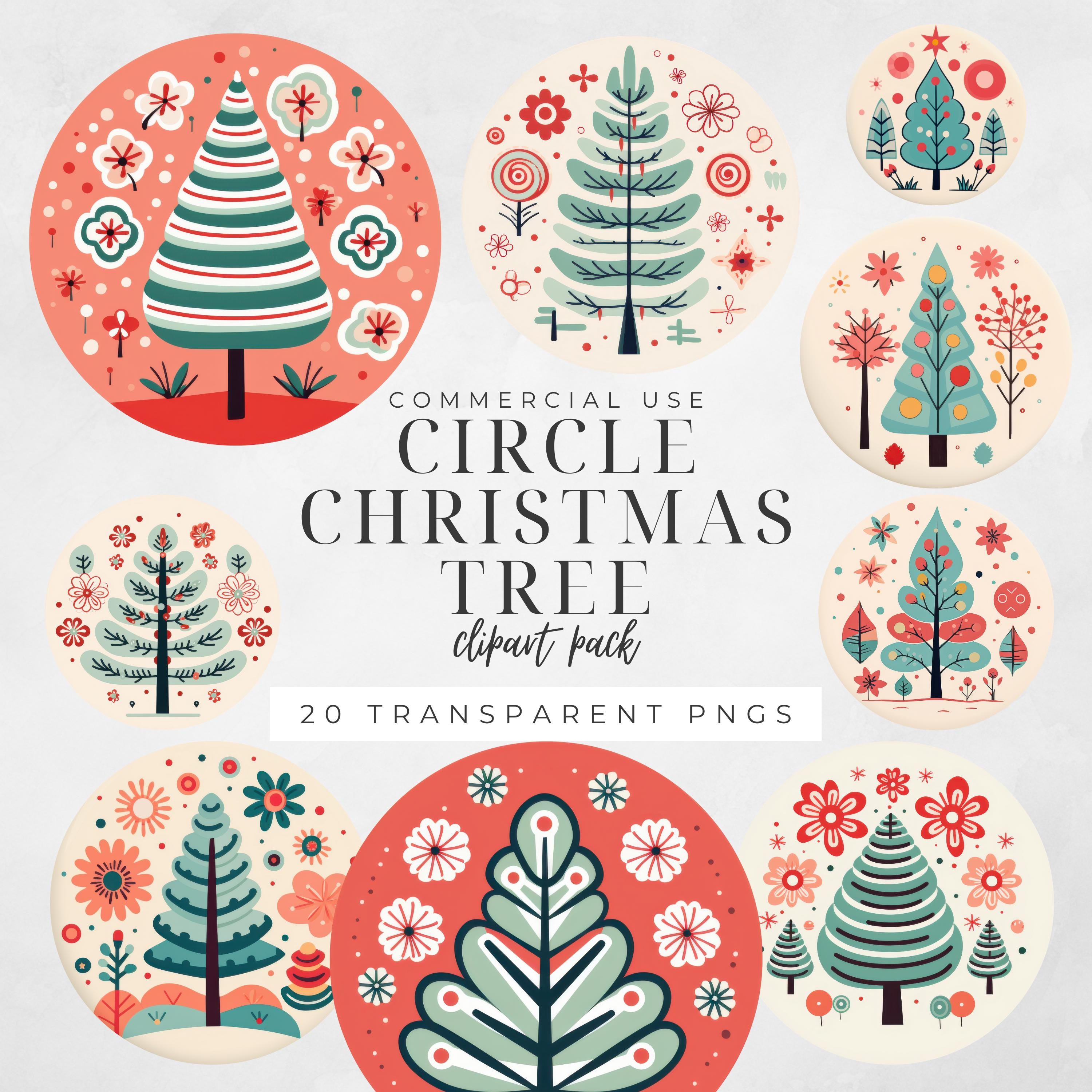 Circle Christmas Tree Clipart, Round Holiday Tags, Nordic Folk Art ...