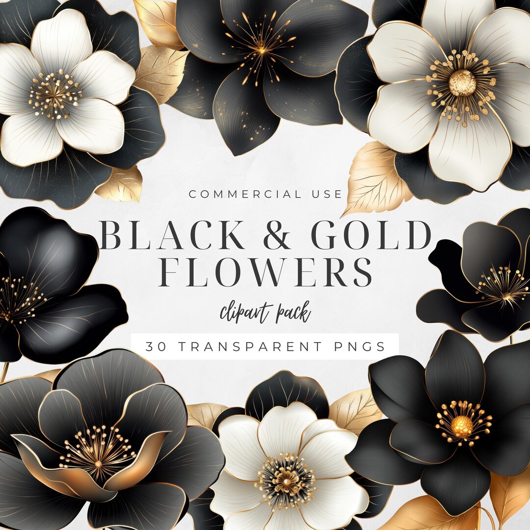 Black and Gold Watercolor Flower Clipart, Charcoal Wedding Invitation ...