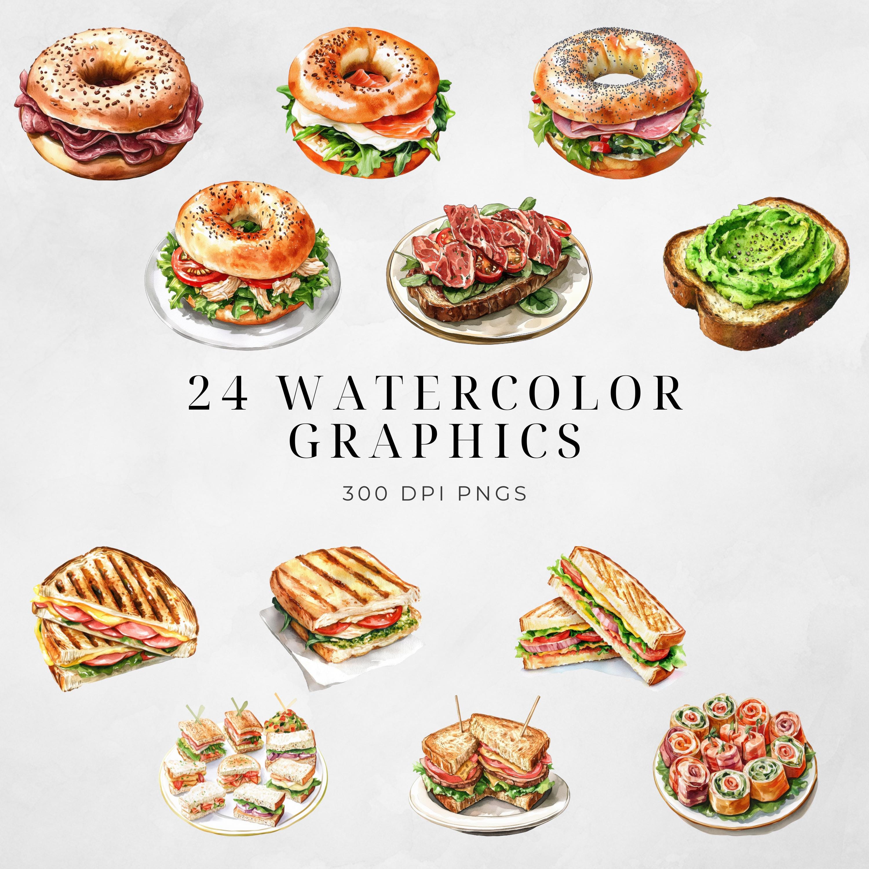 Watercolor Sandwich Clipart, Cafe Menu, Breakfast Clip Art, Coffee Shop ...