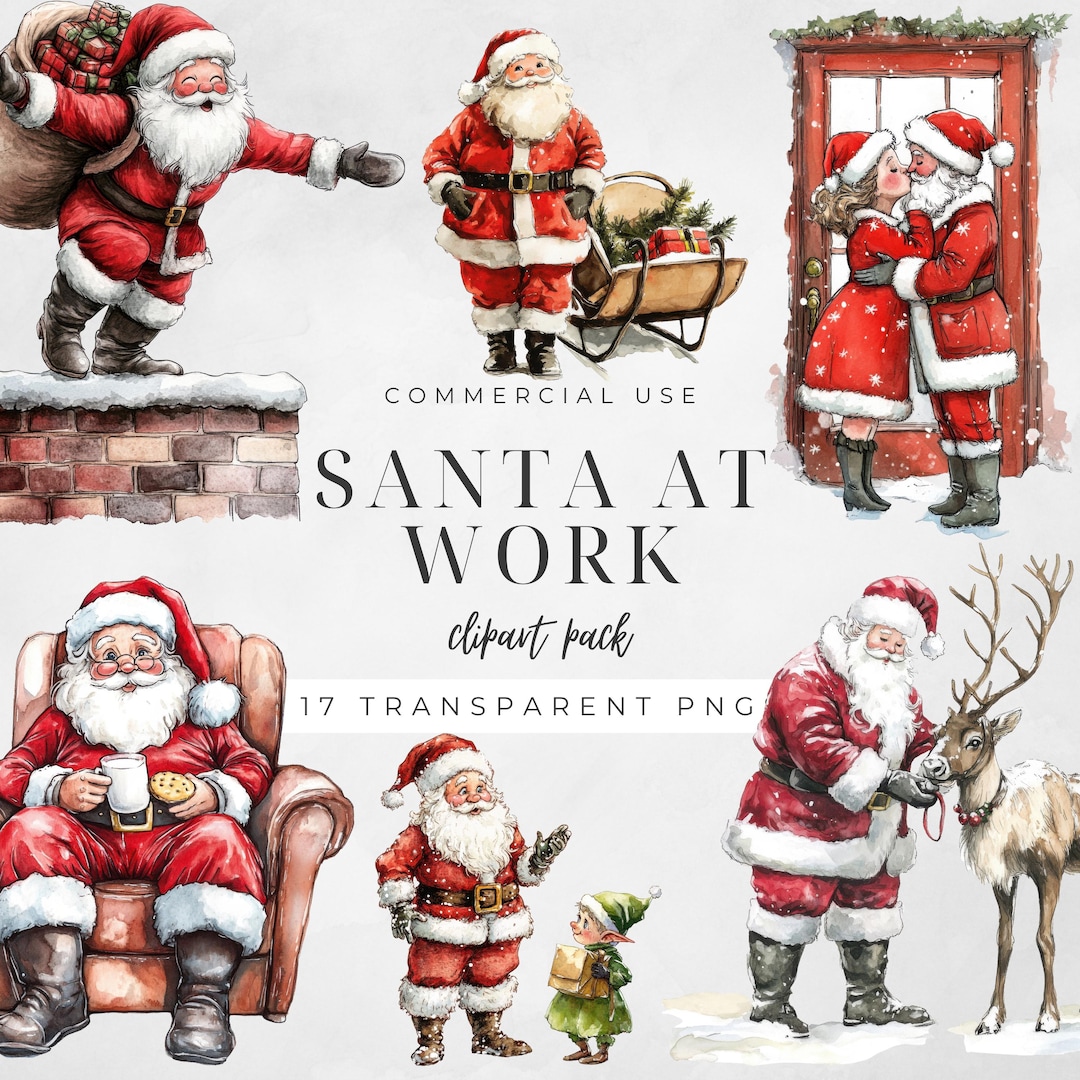 Santa at Work Clipart, Watercolor Christmas Illustrations, Working ...
