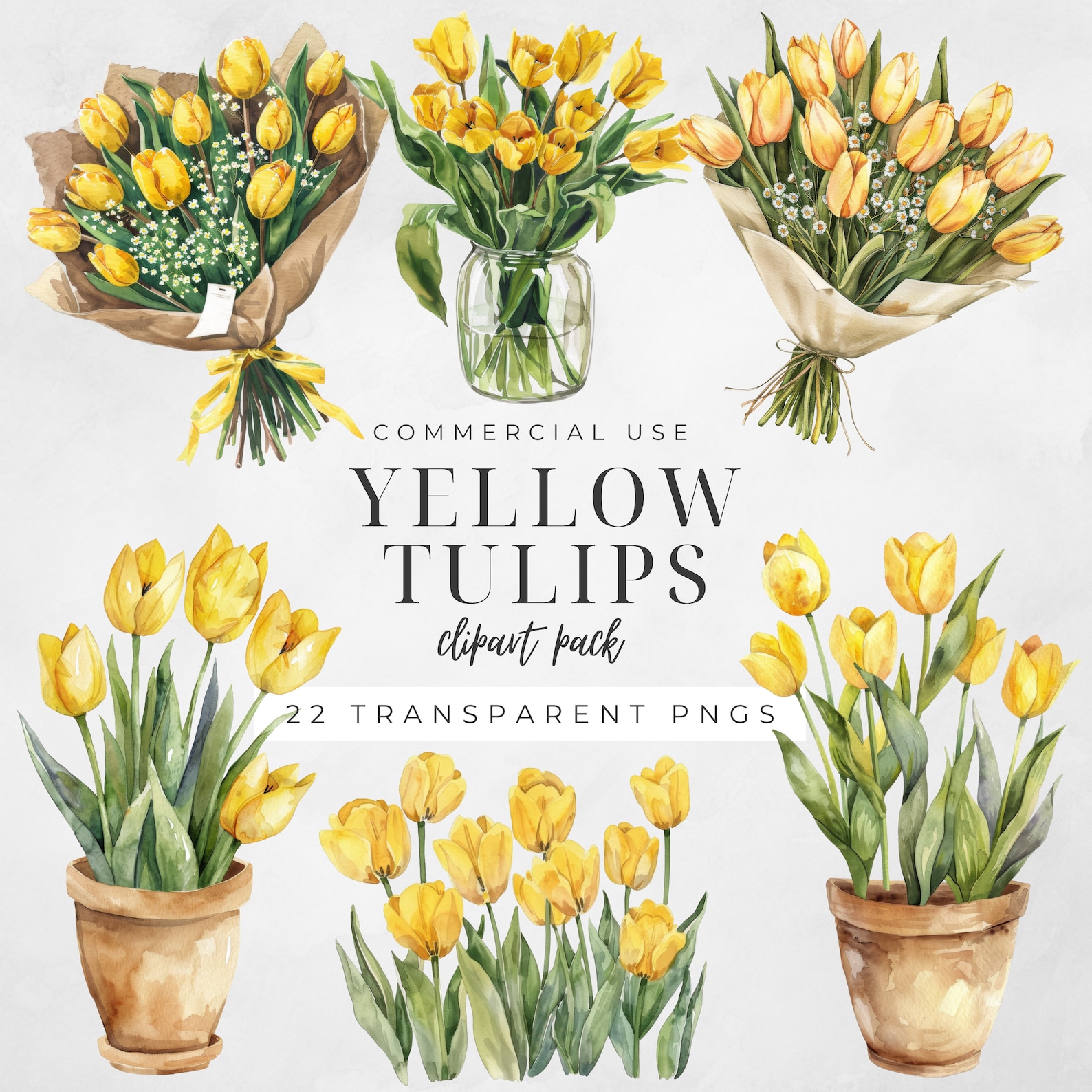 Yellow Tulips Watercolor Clipart, Floral Pngs Bundle, Illustrated ...