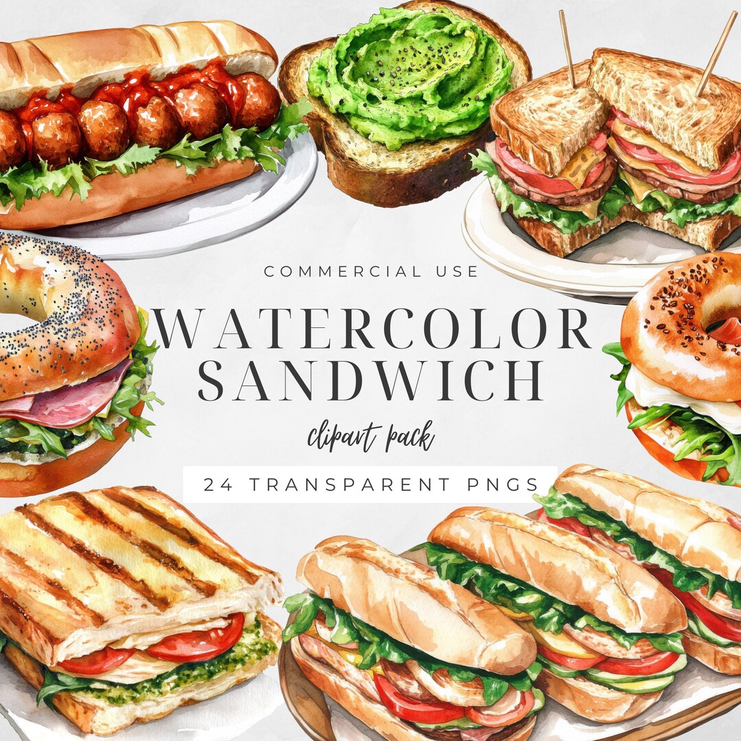 Watercolor Sandwich Clipart, Cafe Menu, Breakfast Clip Art, Coffee Shop ...