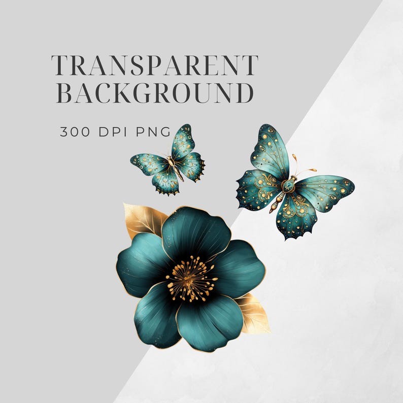 Teal Gold Butterfly Clipart, Painted Watercolor Butterflies, Blue PNG ...