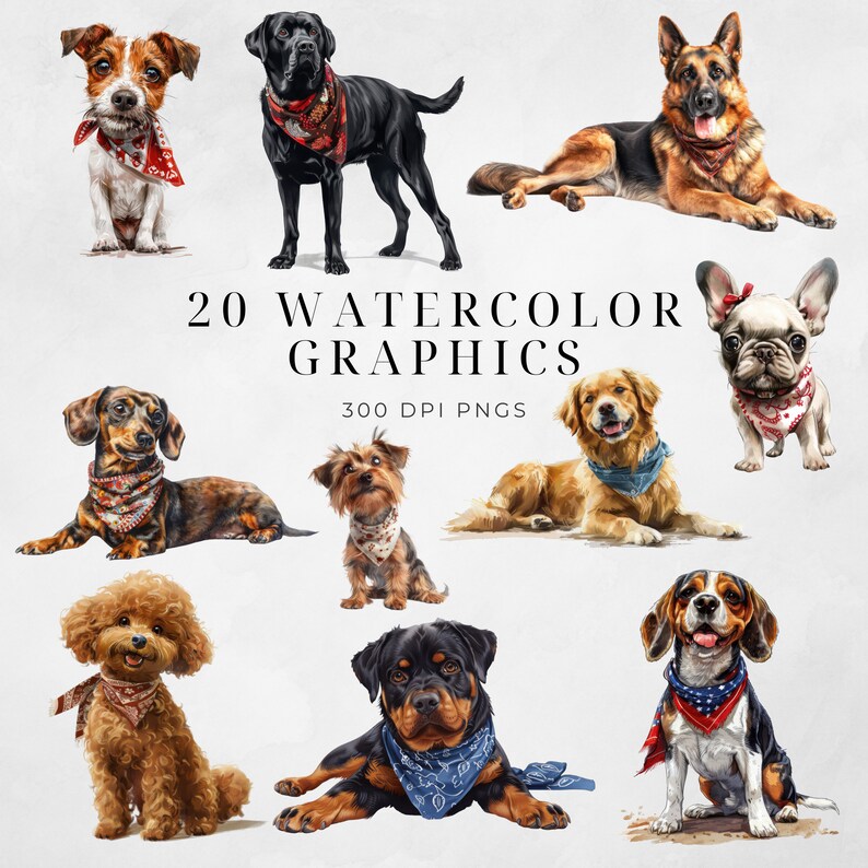 Cute Dog Watercolor Clipart, Dog Breeds Pngs, Bandana Puppy Bundle ...