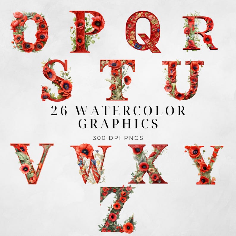 Watercolor Poppy Alphabet Clipart, August Birth Month Flower, Botanical ...