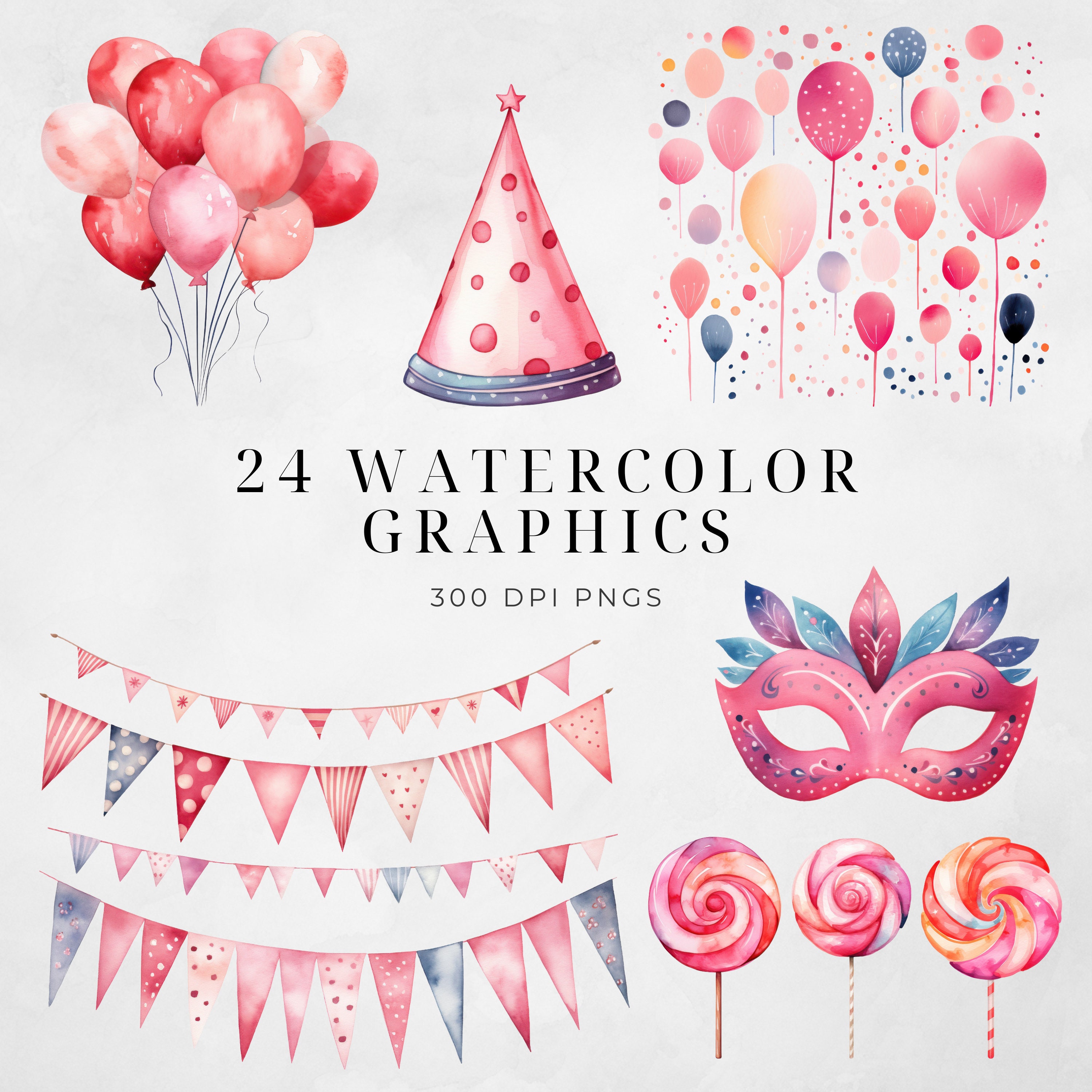 Watercolor Pink Birthday Clipart, Girly Party Images, Bunting, Gift ...