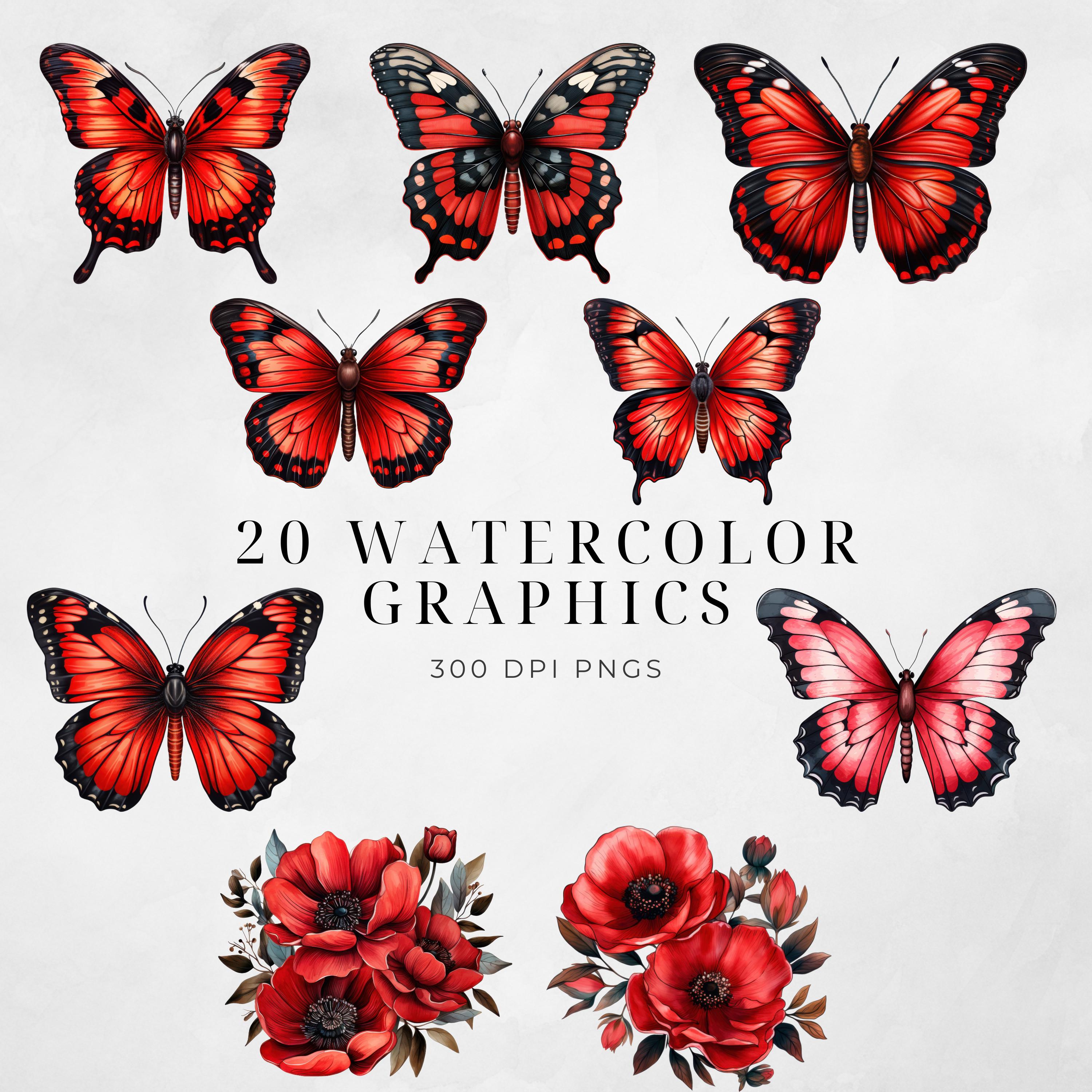 Red Black Butterflies, Crimson Noir PNG Insect, Watercolor Butterfly ...