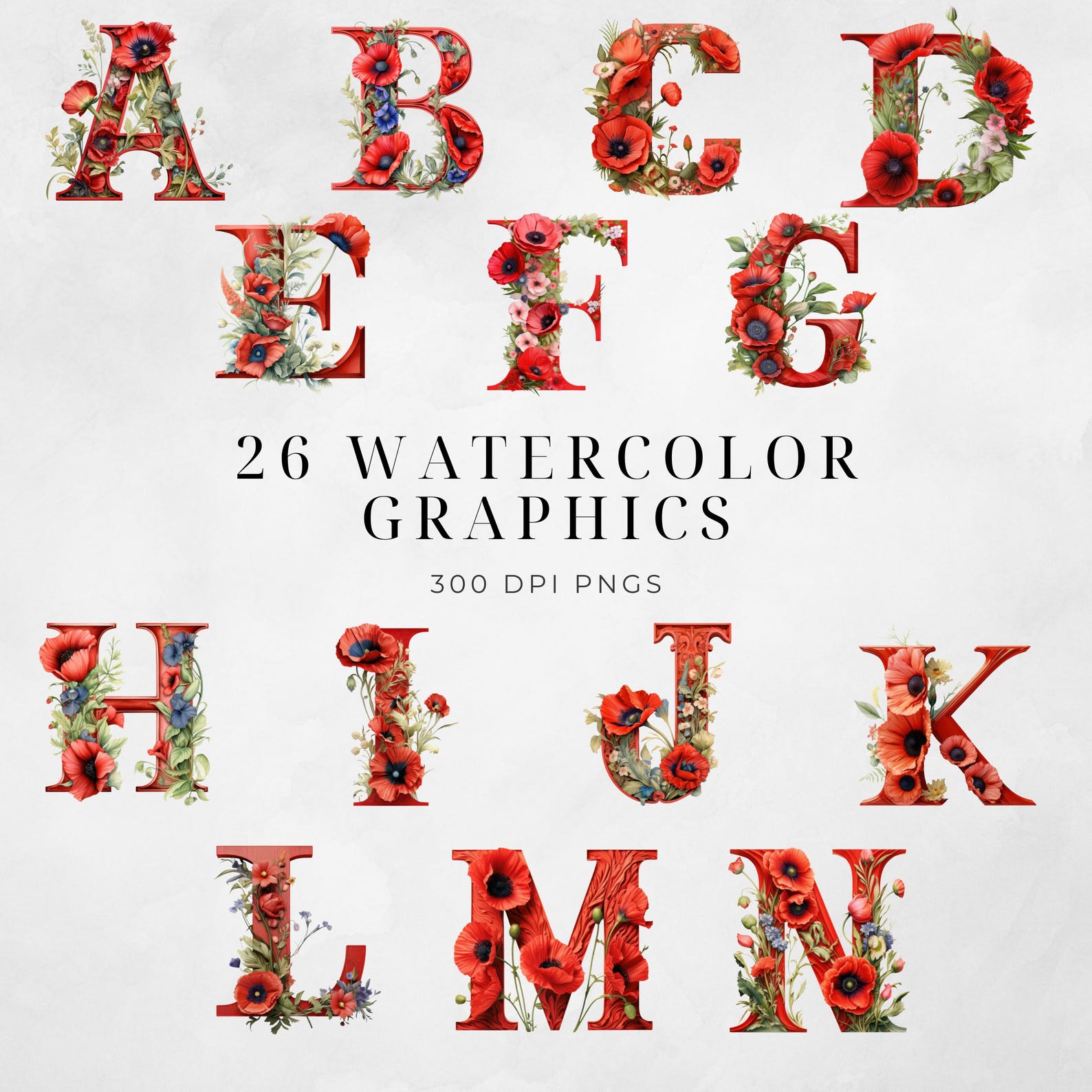 Watercolor Poppy Alphabet Clipart, August Birth Month Flower, Botanical ...