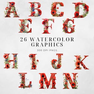 Watercolor Poppy Alphabet Clipart, August Birth Month Flower, Botanical ...