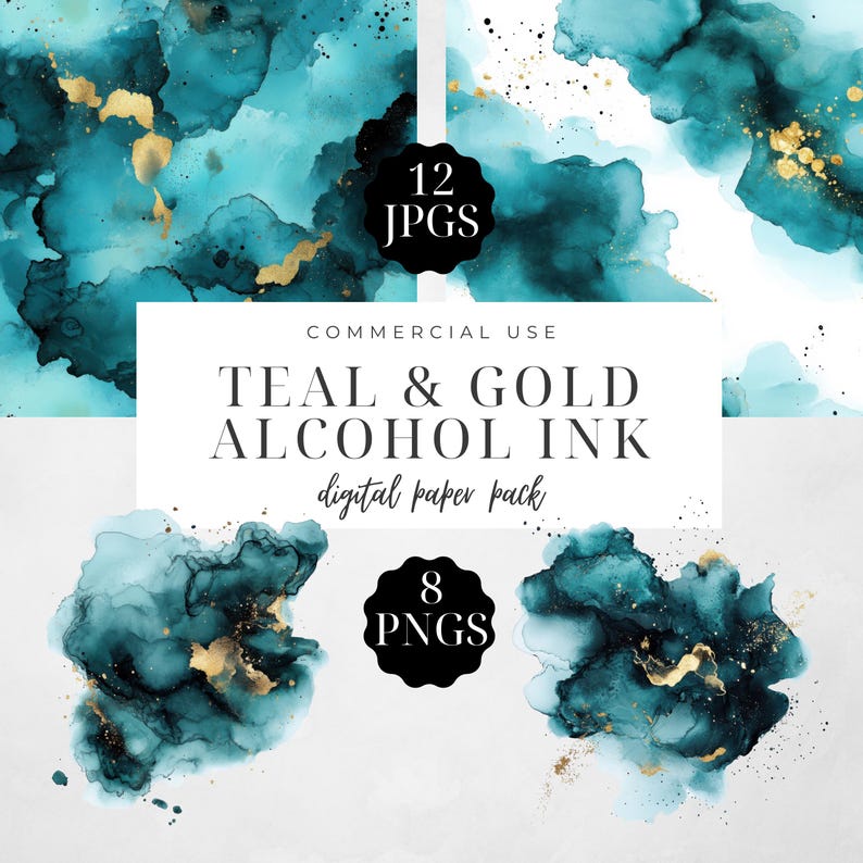 Teal Gold Alcohol Ink Art, Scrapbook Paper, Digital Background Texture ...