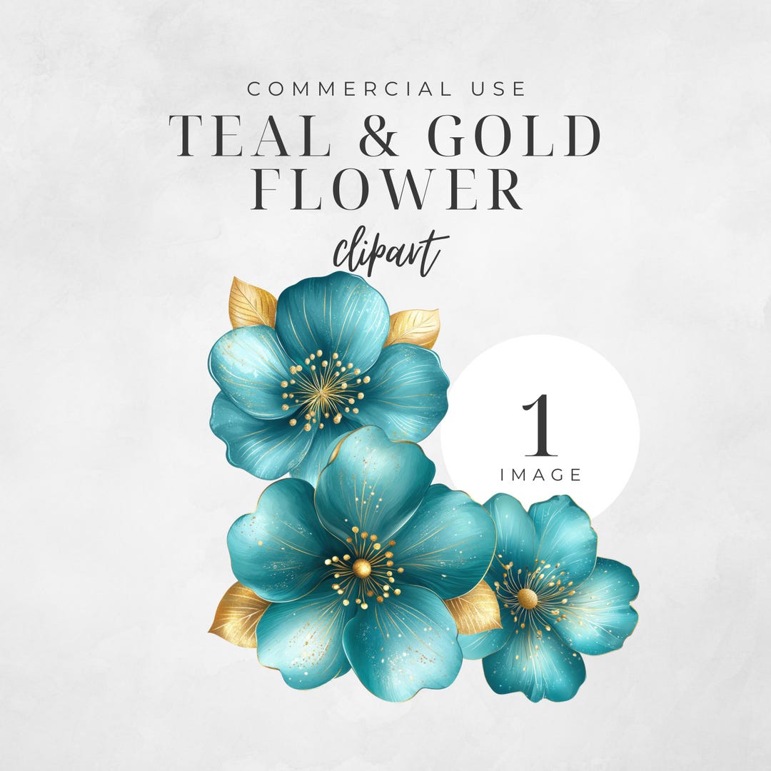 Teal Gold Flower Trio Clipart, Watercolor Floral Art, Blue Green ...