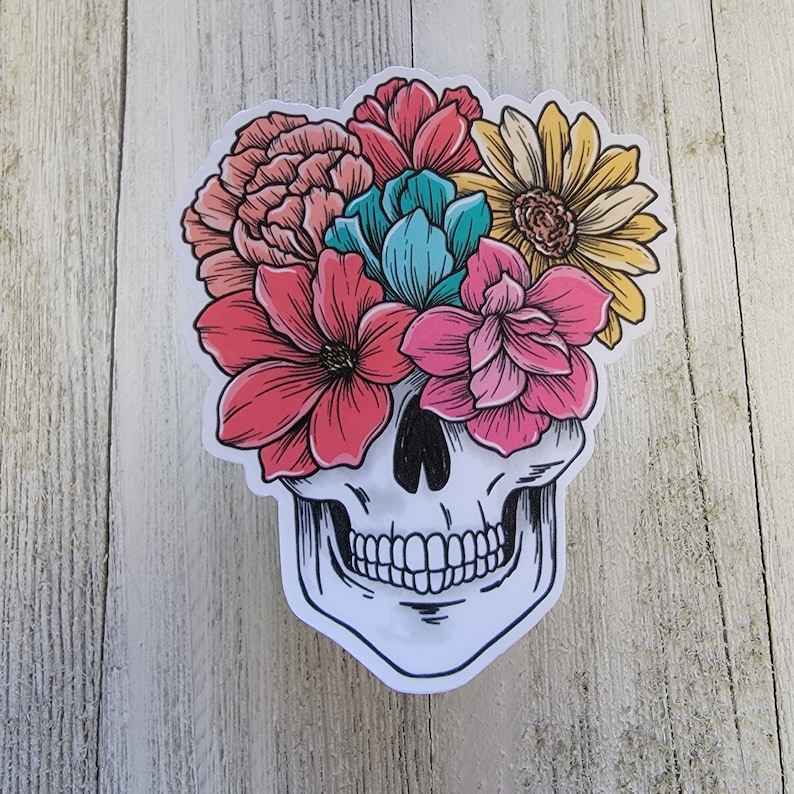 Floral Skull | Die Cut Sticker | Water-resistant With Matte Textured ...