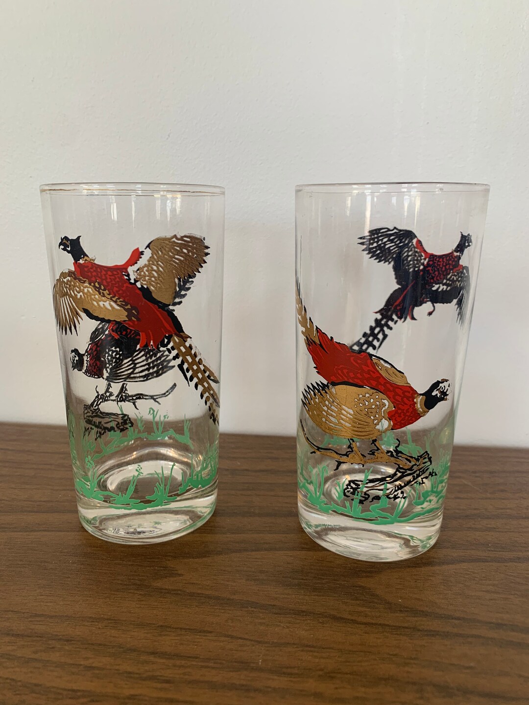 MCM Tall CULVER Wild Bird Glass Set, Gold, Flying Pheasant, Roosting P ...