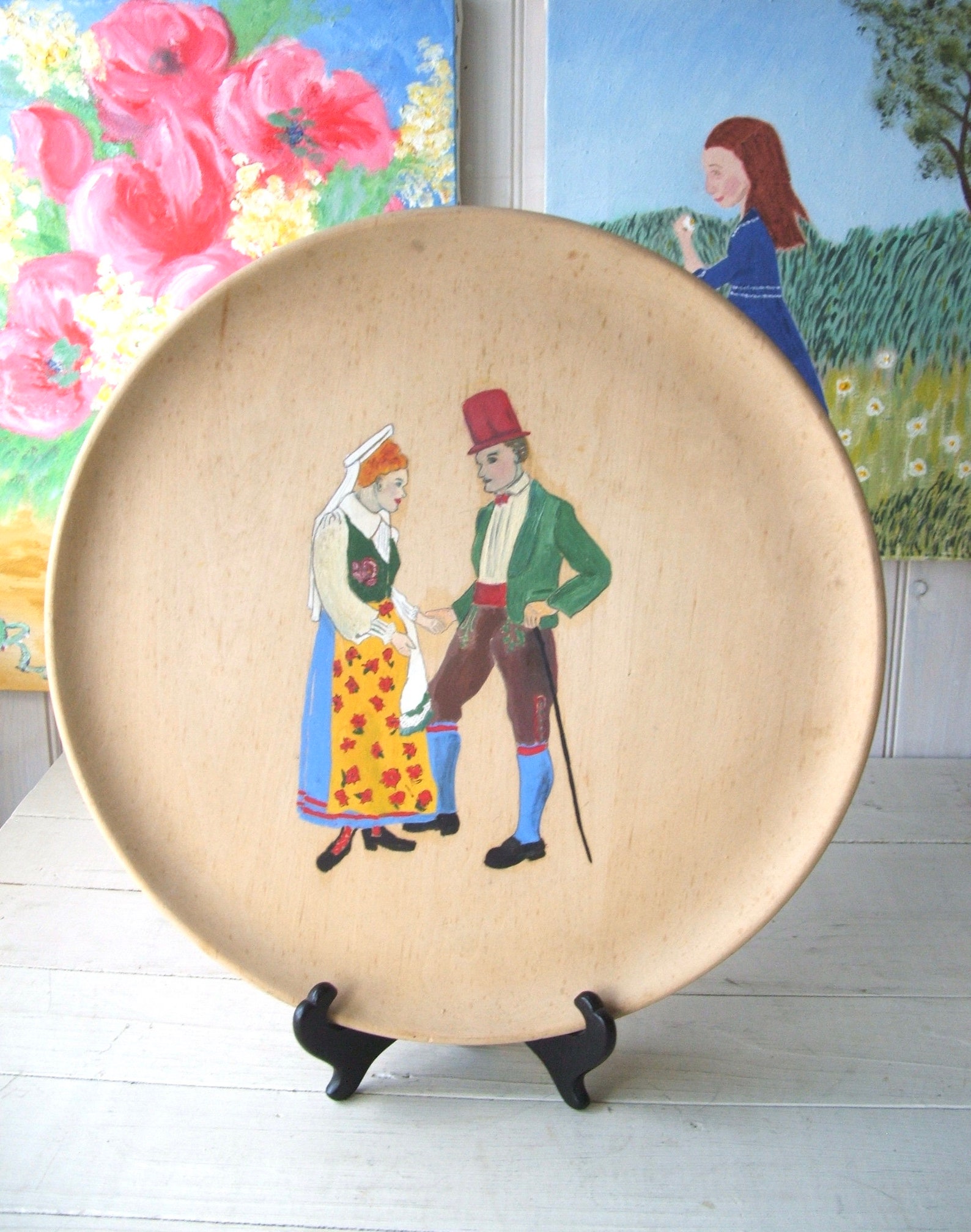 Large Decorative Vintage Painted Wood Platter Plate European Folk Art ...