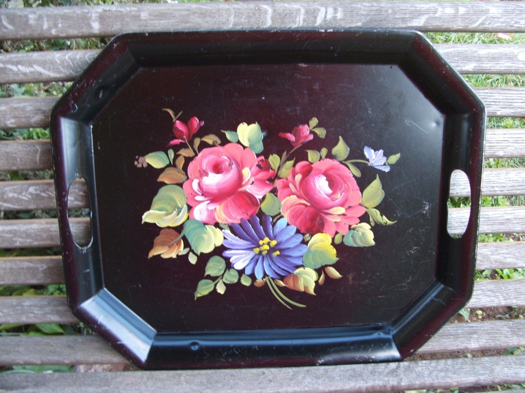 Vintage Tole Tray Black Metal With Pink and Blue Floral Painting - Etsy