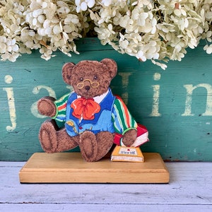 Reading Bear Shelf Decor Bookend Fabric Applique on Wood - Etsy
