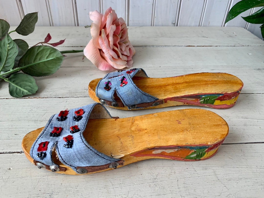 Vintage Decorative Wood Carved Beaded Denim Sandals Folk Art Decor ...