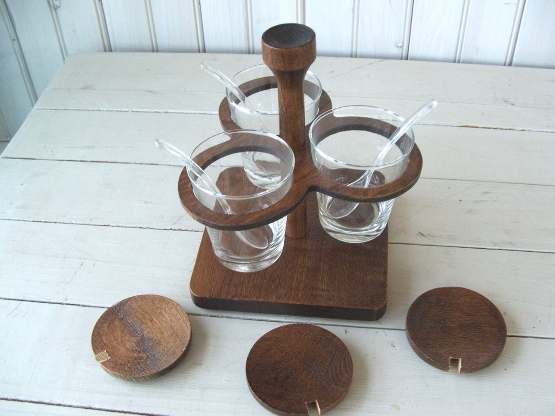 Mid Century Modern Condiment Serving Set Wood and Glass Japan - Etsy