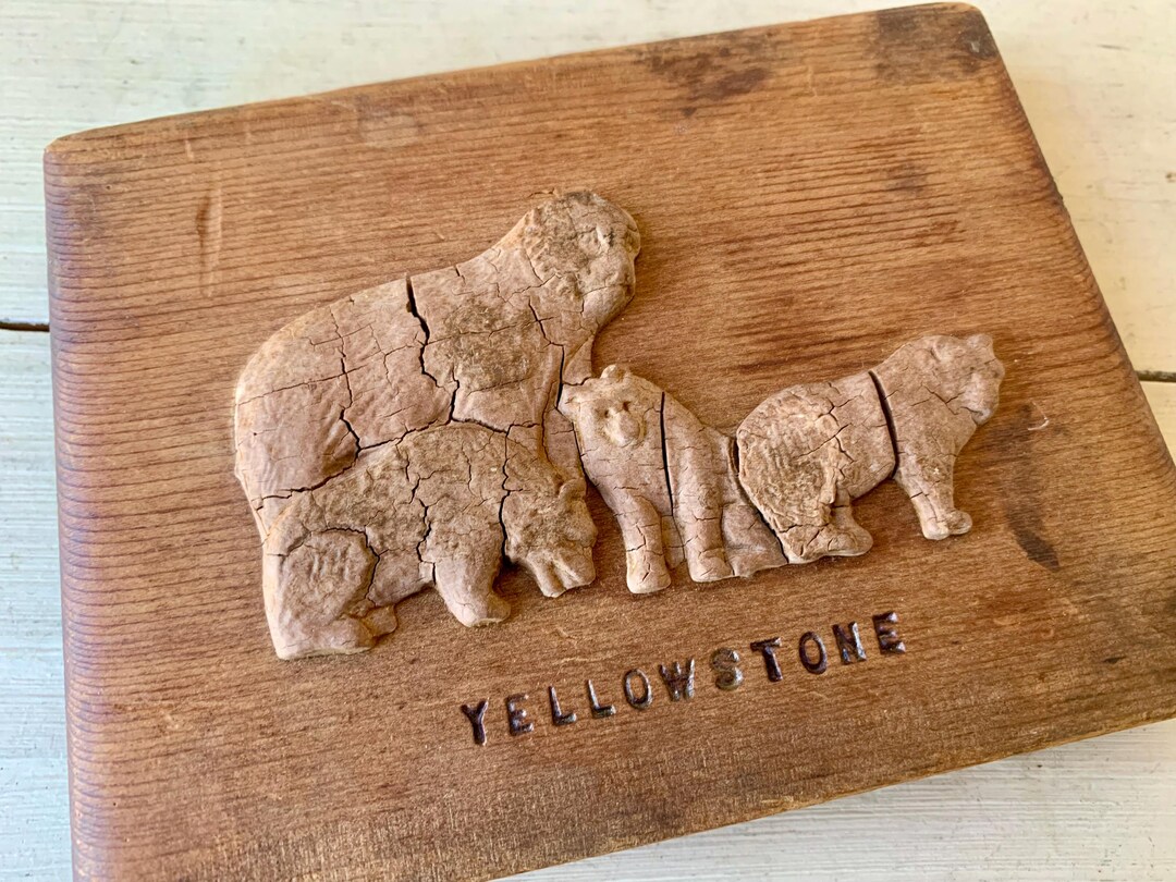 MCM Souvenir Yellowstone National Park Wooden Plaque With Grizzly Bears ...